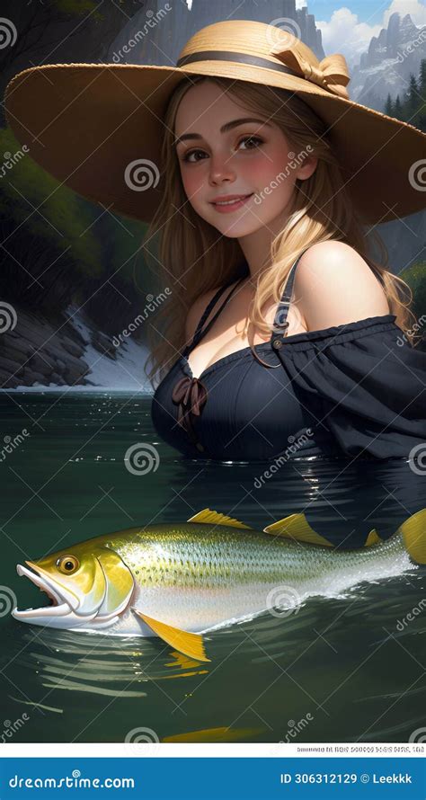 Wild Girl Fishing Leisure Life Illustration Material Stock Illustration
