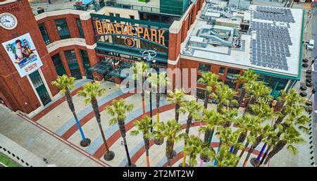 Aerial Willie Mays Gate Oracle Park Front Entrance With Statue And Palm