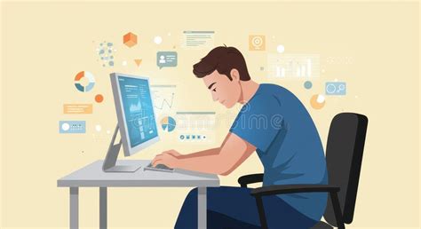 Young Man Analyzing Data On Computer In Modern Office Setting With