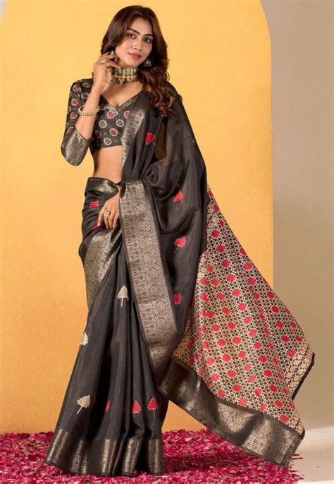 Buy Foil Printed Art Silk Saree In Black Online Stka761 Utsav Fashion