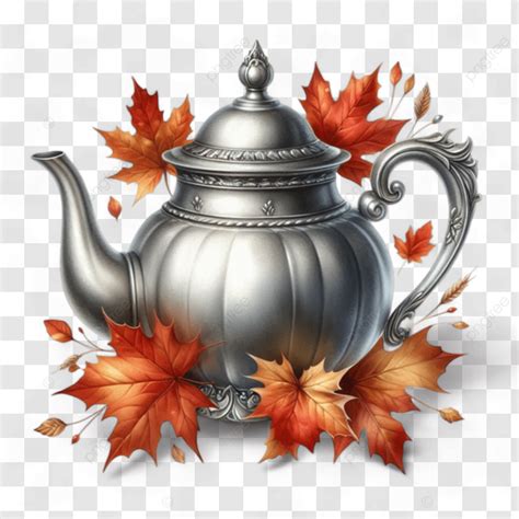 가을 테마 디자인에 딱 맞는 따뜻한 색상과 계절 모티브가 특징인 가을 테마 찻주전자 클립아트 따뜻한 색감과 계절 모티브가 돋보이는 가을 테마의 찻주전자 클립아트 가을