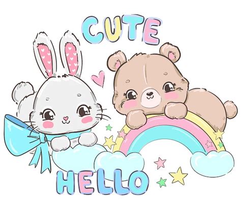 귀여운 토끼와 곰 아기 벡터 일러스트 인쇄 프리미엄 벡터