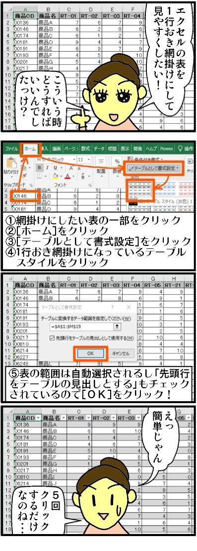 第750話：excelの表を1行おき網掛けにしたい：itネタの4コマ漫画 It向上委員会有江が発信中