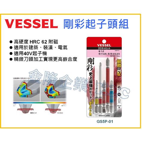 【天隆五金】附發票 日本製 Vessel Gs5p 01 十字一字 雙邊頭 五支組 起子頭 Bit頭 蝦皮購物