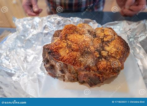 Crispy Crackling On The Top Of Roasted Pork Shoulder Just Out Of The