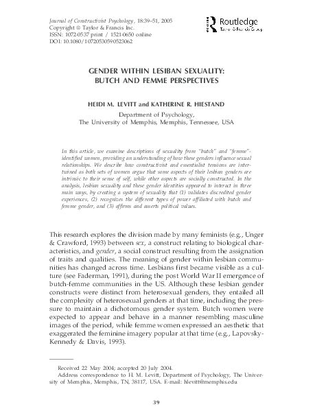 Pdf Gender Within Lesbian Sexuality Butch And Femme Perspectives