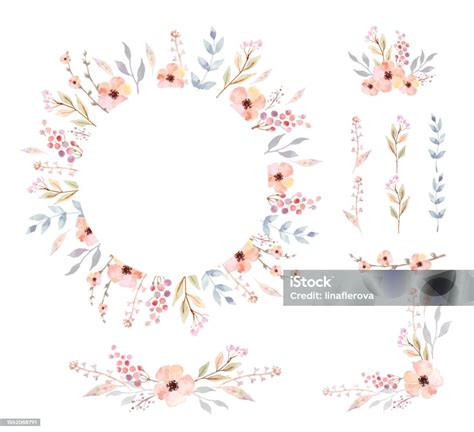 꽃무늬 프레임 컬렉션 귀여운 복고풍 꽃 세트는 초대장과 생일 카드를 위한 화환 모양으로 배열되어 있습니다 원형에 대한 스톡 벡터
