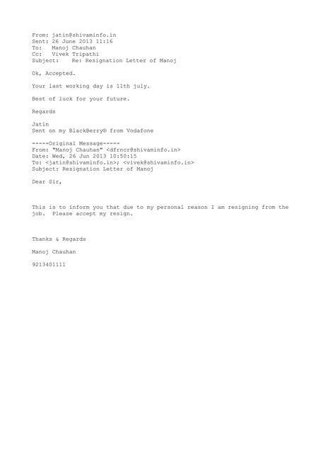 Re Resignation Letter Of Manoj Txt