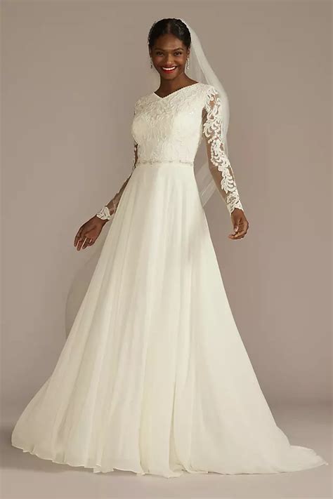 Long Sleeve Applique Chiffon Modest Wedding Dress Davids Bridal