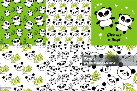 재미 있는 팬더의 집합입니다 5 완벽 한 배경 그리고 1 엽서입니다 잉크를 사용 하 여 그린 흑백 팬더입니다 검은색에 대한 스톡 벡터 아트 및 기타 이미지 Istock