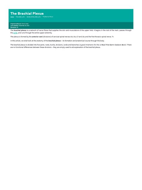 The Brachial Plexus Sections Branches Teachmeanatomy Pdf Anatomical Terms Of Motion