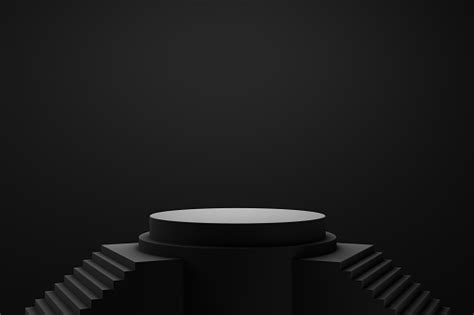 받침대 또는 연단이있는 어두운 스튜디오 배경에 빈 제품 표시 빈 쇼케이스 스탠드 배경 3d 렌더링 검은색에 대한 스톡 사진 및