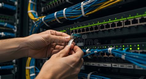 Connecting A Labeled Ethernet Cable To A Server Rack Stock Illustration