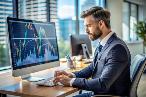 A Man Sits At A Desk In Front Of A Computer With A Graph Showing On The