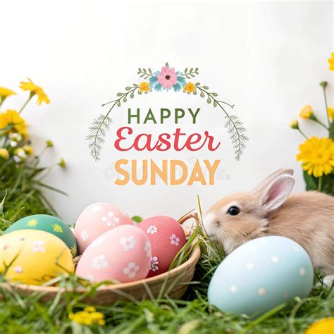 Happy Easter Sunday Bunny With Colorful Easter Eggs In Basket Spring