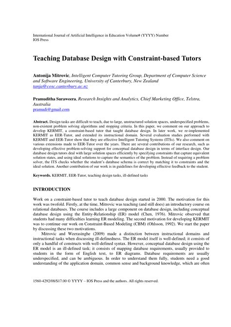 Pdf Teaching Database Design With Constraint Based Tutors