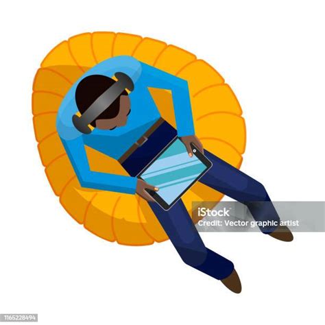 젊은 아프리카계 미국인 남자 앉아 에 헤드폰 과 태블릿 컴퓨터 에 A 노란 콩 가방 의자 가구에 대한 스톡 벡터 아트 및 기타 이미지 가구 가방 개성 개념 Istock