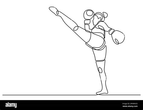 Boxer One Line Drawing Girl Fighter Kick Training Continuous Hand Drawn Vector Illustration