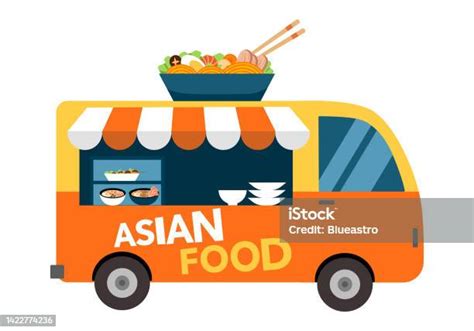 흰색 배경에 아시아 푸드 트럭 개념 벡터 일러스트레이션 길거리 음식 국수 식사 거리에 대한 스톡 벡터 아트 및 기타 이미지
