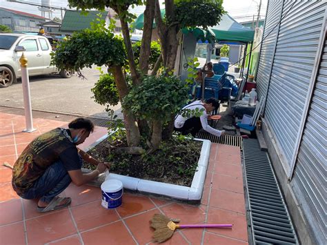 ทาสีรั้วกำแพงโรงเรียนแนวกระถางต้นไม้ วัดกาหลง สมุทรสาคร