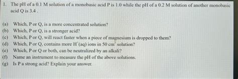 Solved The PH Of A M Solution Of A Monobasic Acid Pis Chegg