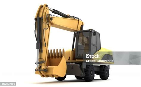 흰색 배경에 고립 된 양동이와 바퀴 유압 굴 삭 기 3d 그림입니다 관점 전면 측면 보기 왼쪽 건설 산업에 대한 스톡 사진 및 기타 이미지 Istock