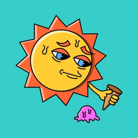 녹은 아이스크림을 보고 슬픈 만화 귀여운 태양 캐릭터 프리미엄 벡터