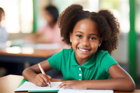 Premium Photo Cute Pupil Writing At Desk In Classroom At The
