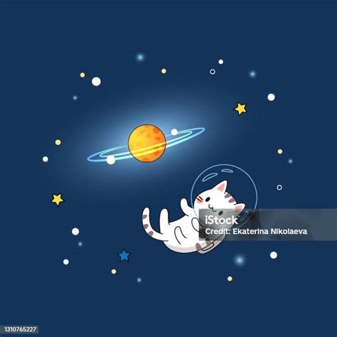귀여운 고양이 우주 비행사가 우주에서 날아와 새로운 행성과 별을 탐험합니다 애완고양이에 대한 스톡 벡터 아트 및 기타 이미지
