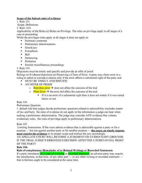 Break Down Of Rules Evidence Notes Scope Of The Federal Rules Of