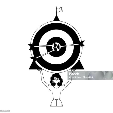 딸은 중앙에 화살표가 있는 목표물을 들고 있습니다 기술 개념 검은 색과 흰색 아날로그 스타일 트렌디한 스타일 벡터 일러스트레이션