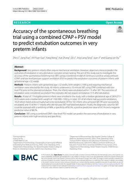 Pdf Accuracy Of The Spontaneous Breathing Trial Using A Combined Cpap Psv Model To Predict