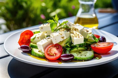 Greek Salad With Feta Cheese And Olive Oil On Plate Greek Healthy Food