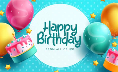 생일 축하 텍스트 벡터 템플릿 디자인 케이크와 풍선 파티 장식으로 타이포그래피를위한 서클 공간에서 생일 인사말 생일에 대한 스톡