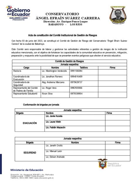 Acta De Conformación De Comite De Gestión De Riesgo Y Brigadas Pdf