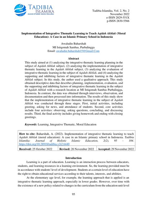 Pdf Implementation Of Integrative Thematic Learning To Teach Aqidah Akhlak Moral Education