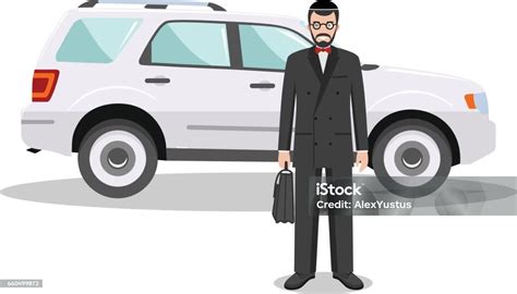 평면 스타일에 흰색 바탕에 차 가까이 서 유태인 실업가 비즈니스 개념입니다 자동차와 사람 유태교의 상세한 그림입니다 평면 디자인 사람들 문자입니다 벡터 일러스트입니다 개념에