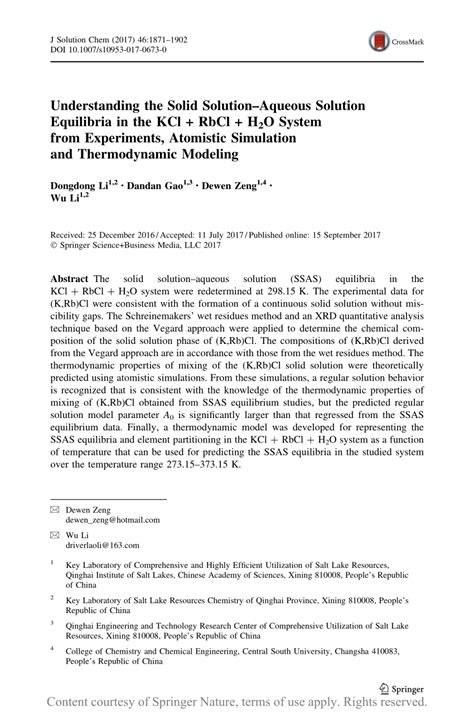 Understanding The Solid Solutionaqueous Solution Equilibria In The Kcl