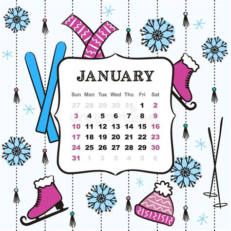 2021年1月日历的专题模板 库存例证 插画 包括有 雪花 数字 时间表 活动 季节 年度 185902517