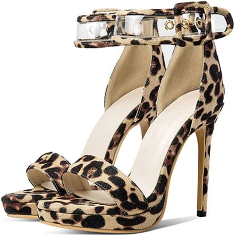 Sexy Leopard Print Heeled Sandals For Women Buckle Ankle Strap Super High Heels Stilettos Faux