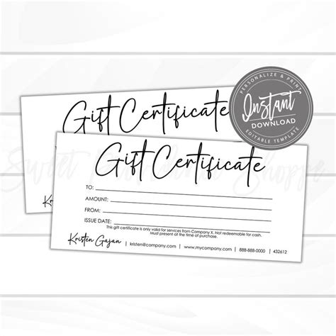 Editable Gift Certificate Printable Gift Card DIY Gift Certificate