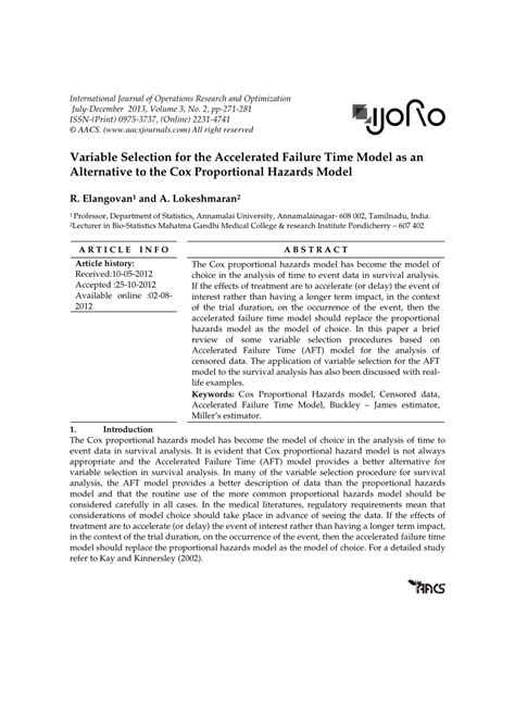 Pdf Variable Selection For The Accelerated Failure Time Model As An