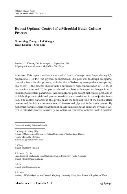 Pdf Robust Optimal Control Of A Microbial Batch Culture Process