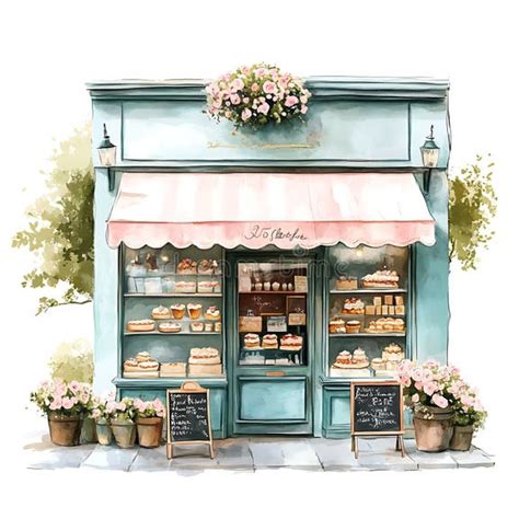 Pastel Teal Bakery Shop Watercolor Illustration With Pink Awning And Flower Pots Stock