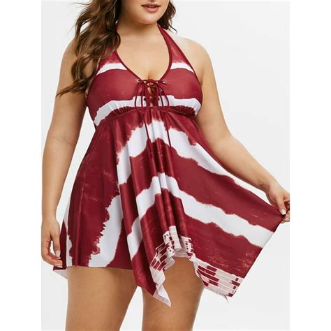 Rosegal Women Swimsuit Plus Size Halter Tie Dye Handkerchief Tankini