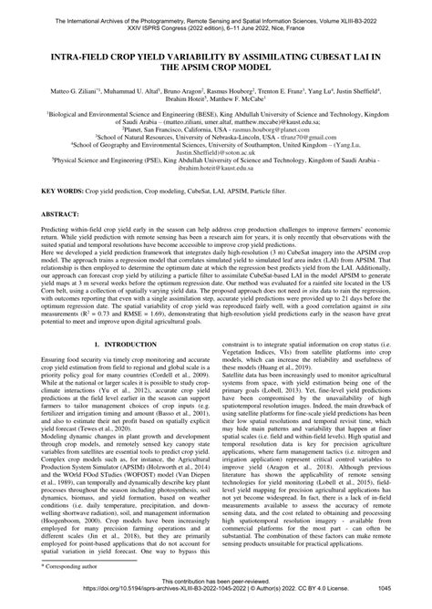 Pdf Intra Field Crop Yield Variability By Assimilating Cubesat Lai In The Apsim Crop Model
