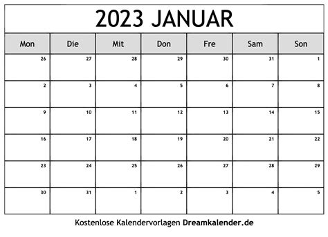 Kalender Januar 2023