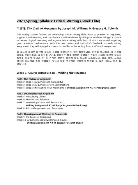 2023 Spring Syllabus Critical Writing Elite Pdf