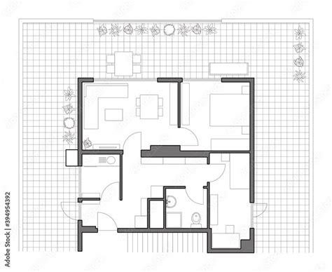 2d Architectural Plan Of A Small Two Bedroom House With A Big Terrace