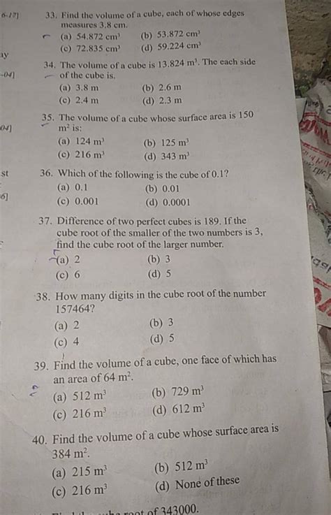 33 Find The Volume Of A Cube Each Of Whose Edges Measures 3 8 Cm A 5